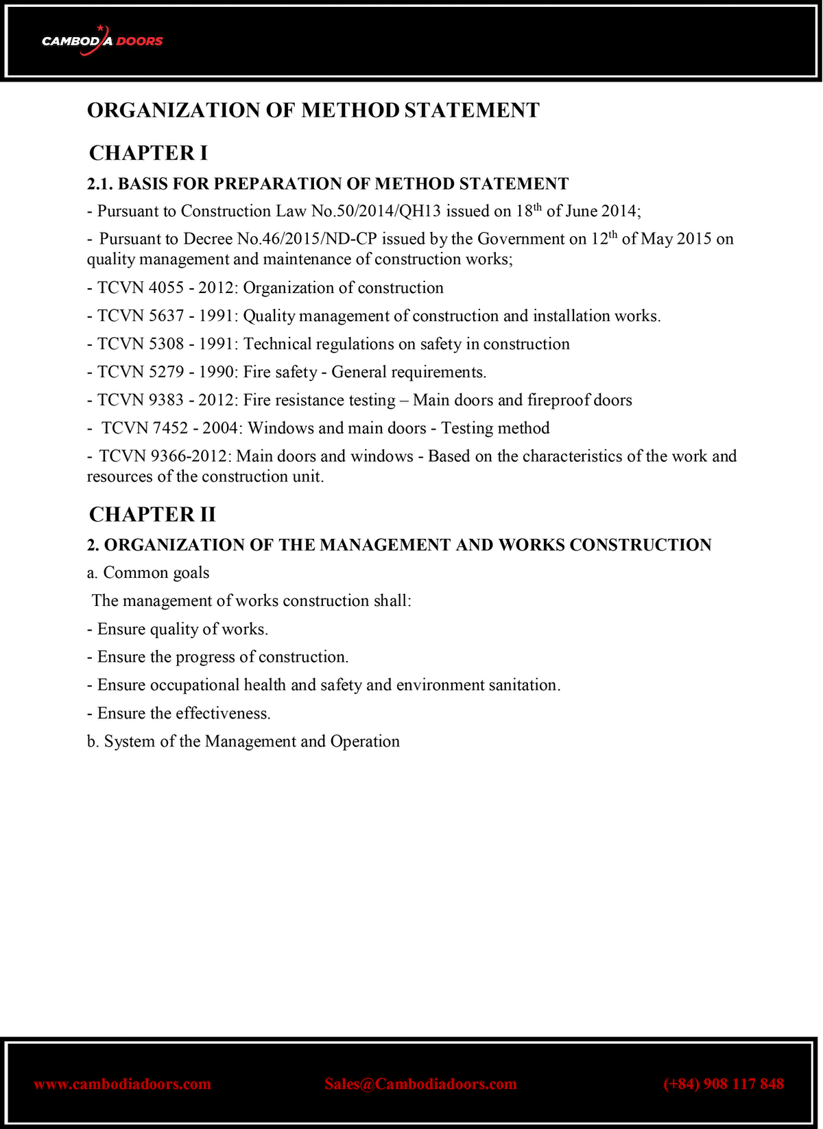 ORGANIZATION OF METHOD STATEMENT - CAMBODIA DOOR JSC